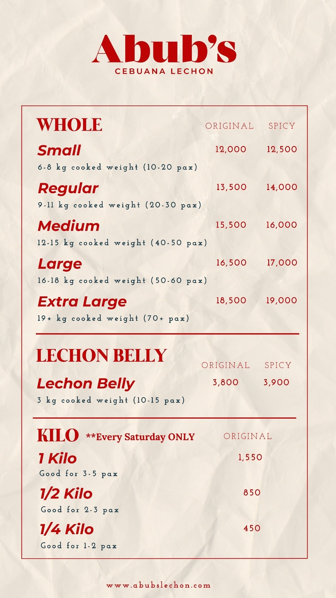 Price List – Abub's Cebuana Lechon