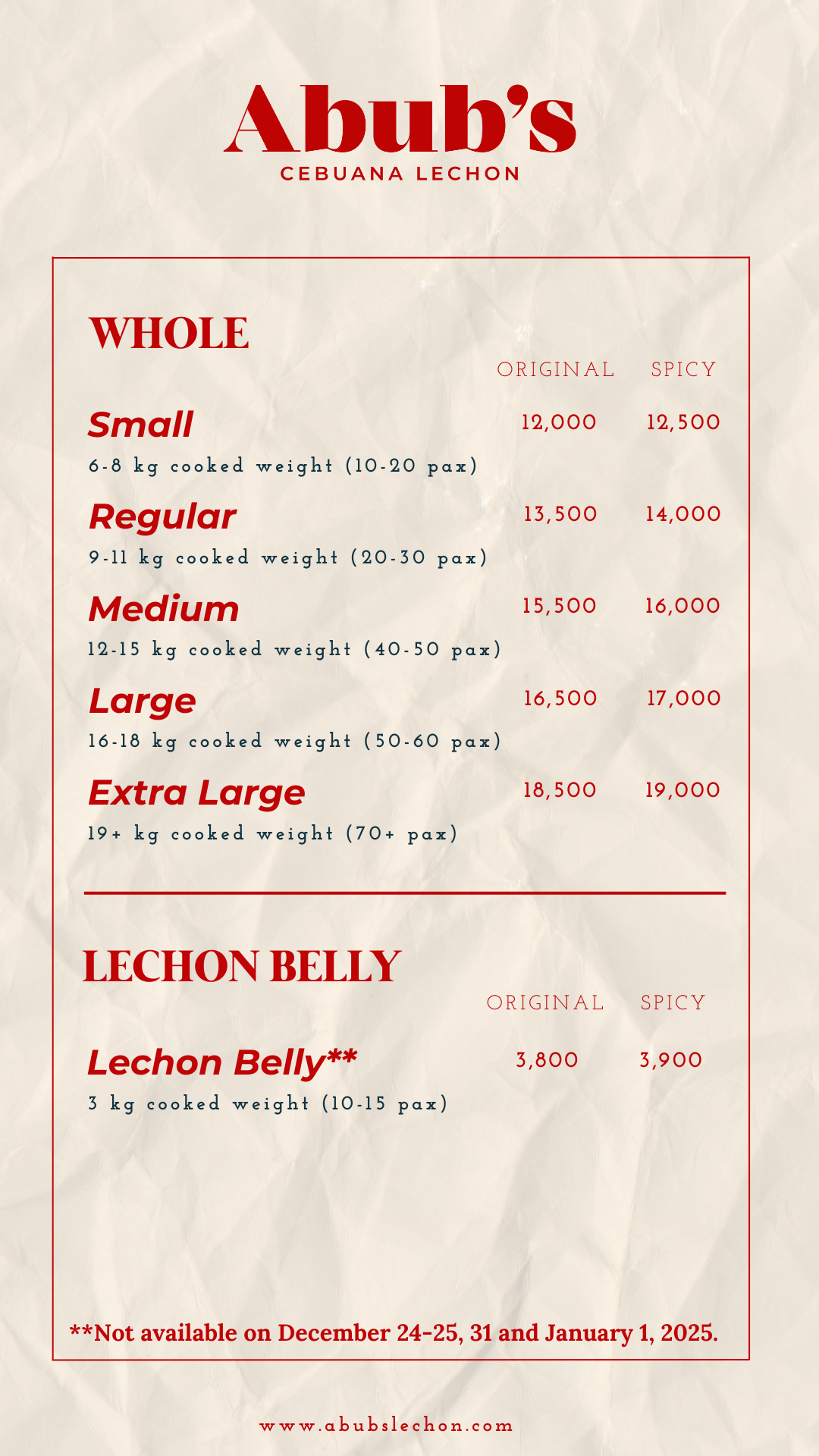Price List – Abub's Cebuana Lechon